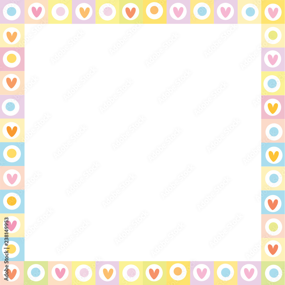 Cute vector square love border made of hand drawn hearts in pastel ...