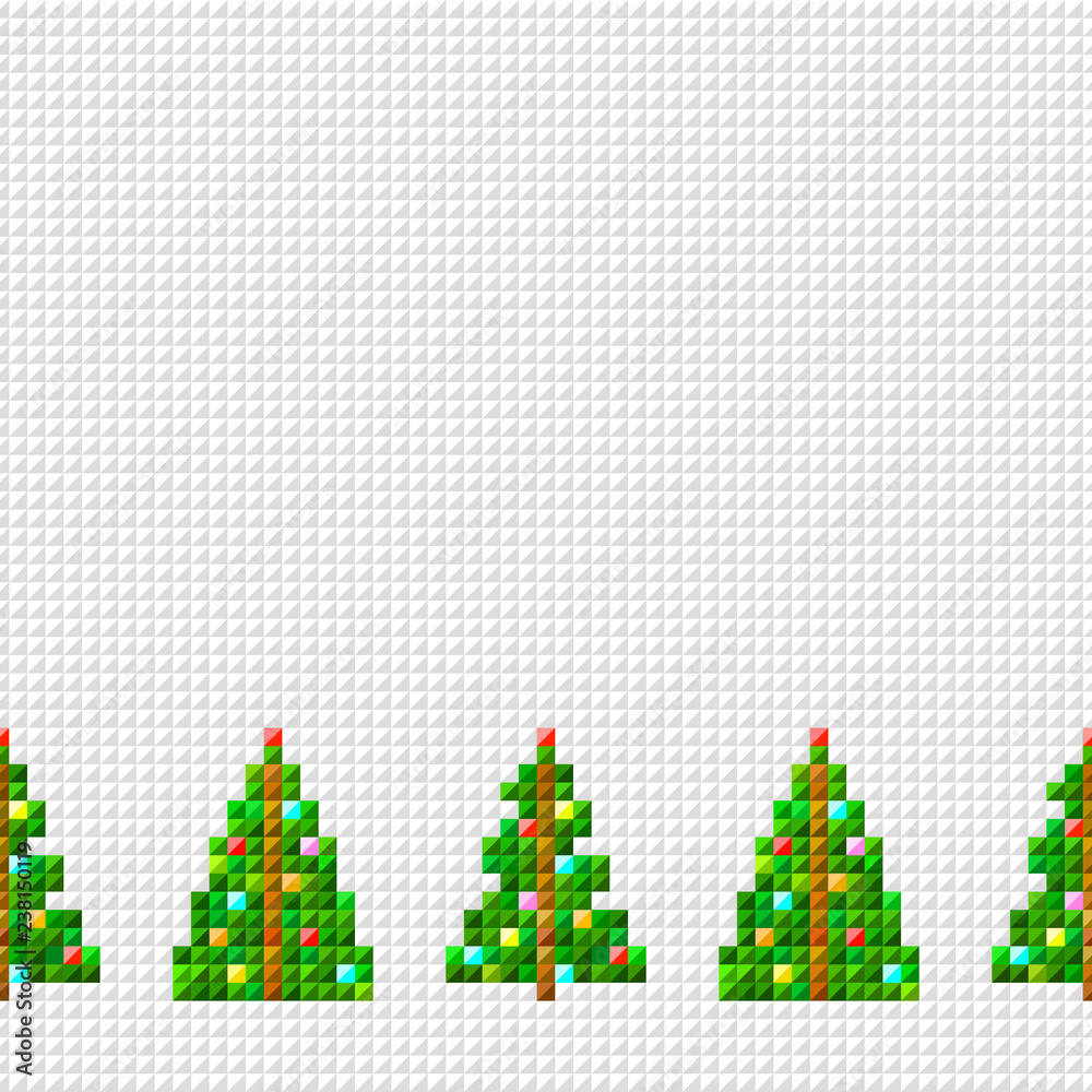 Vector decorative seamless border of pixel art Christmas tree with ...
