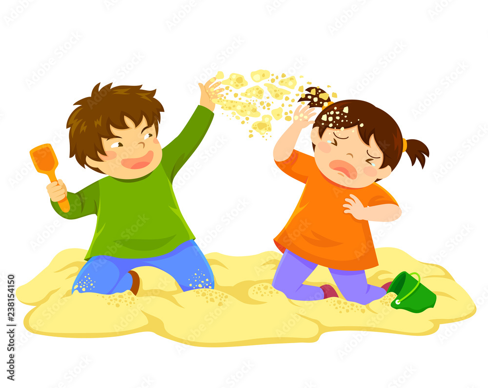 Naughty boy throwing sand at a little girl in the sandbox Stock Vector ...