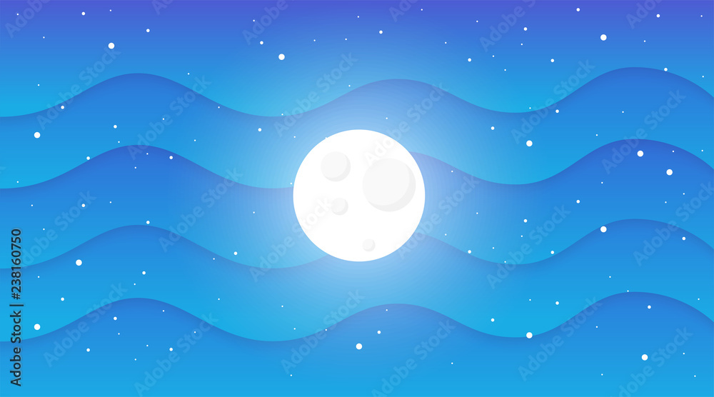 Night sky banner. Flyer template with moon and stars. Blue color. Paper ...