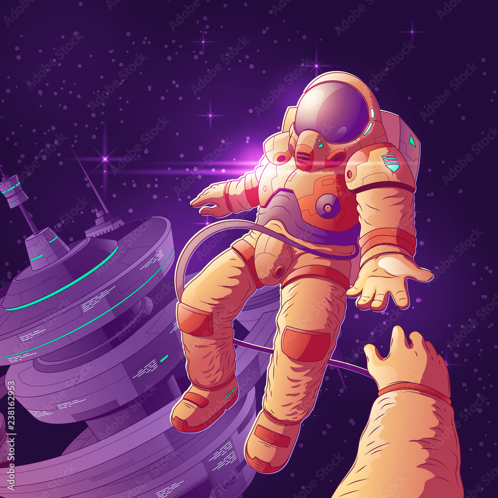 Future space tourists couple on orbit cartoon vector concept with ...