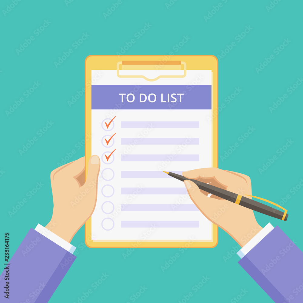 Todo list on clipboard with hands vector illustration. Checklist ...