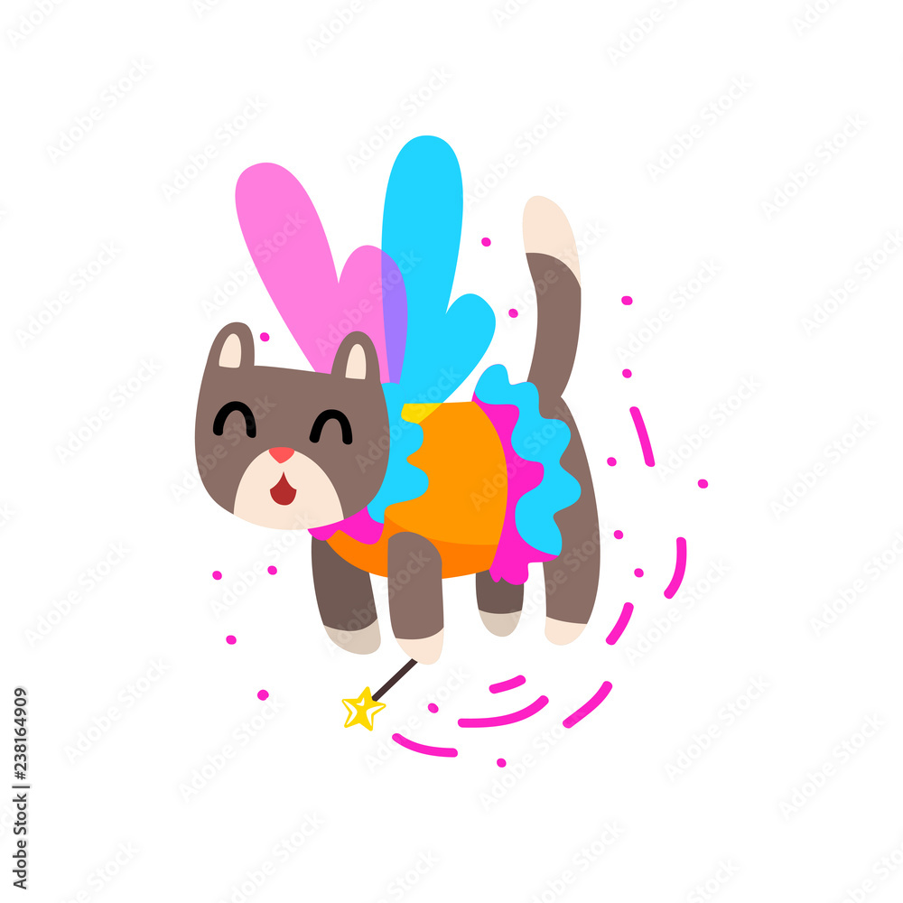 Cute winged cat with a magic wand, fantasy fairy tale animal cartoon ...