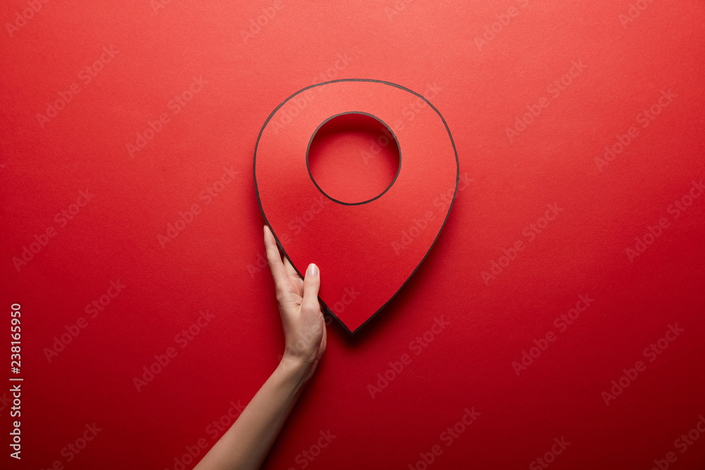 top view of red handmade geolocation symbol on red background Stock ...