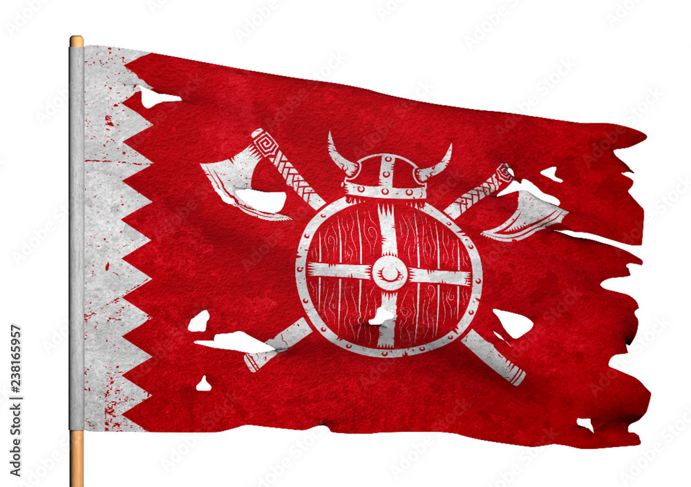 Medieval viking knight waving tattered flag with coat of arms of ...