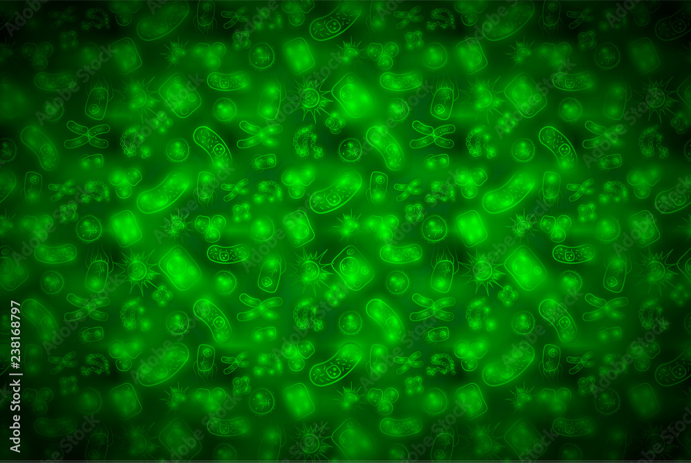 Bright glowy biology cells, bacterias and virus in green water, wide ...
