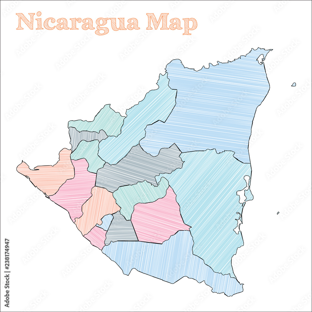 Nicaragua hand-drawn map. Colourful sketchy country outline. Uncommon Nicaragua map with ...