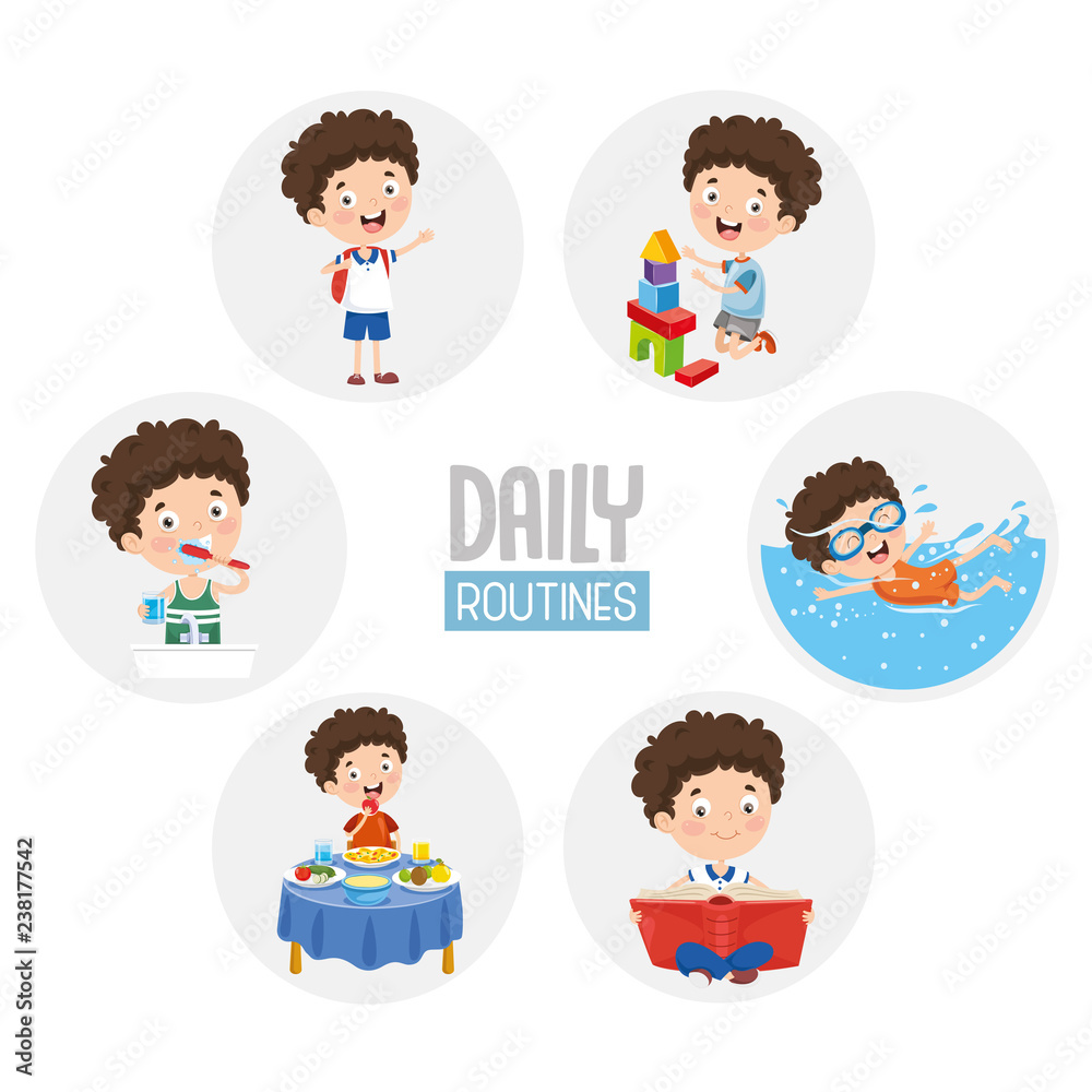 Vector Illustration Of Kid Daily Routine Activities Stock Vector ...