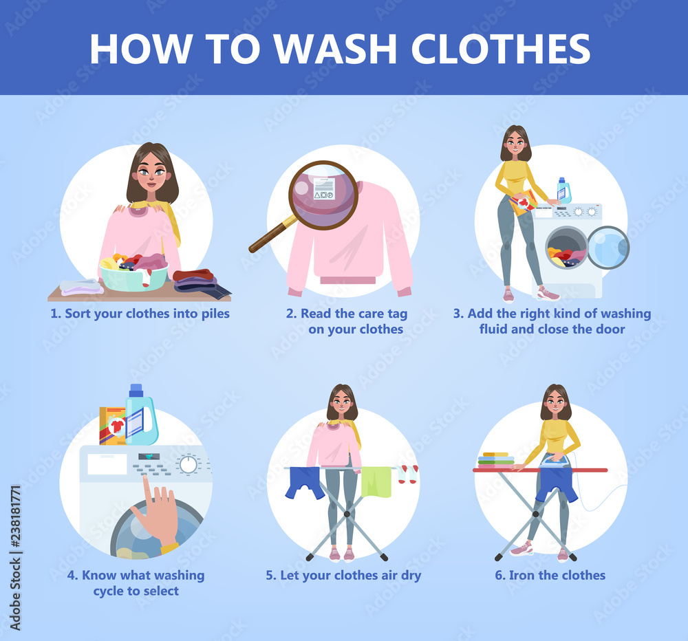 How to wash clothes step-by-step guide for housewife Stock Vector ...