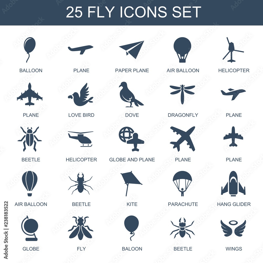 25 fly icons. Trendy fly icons white background. Included filled icons ...