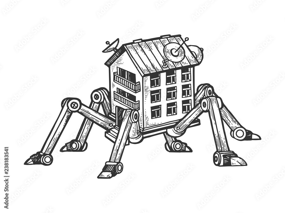 Fantastic fabulous house on spider legs engraving vector illustration ...