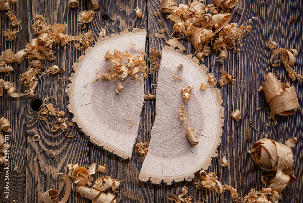 Wood shavings and Ashen tree cross section on the carpenter's workbench ...