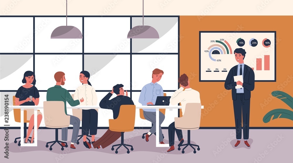 Man making boring and tedious presentation in front of people sitting ...