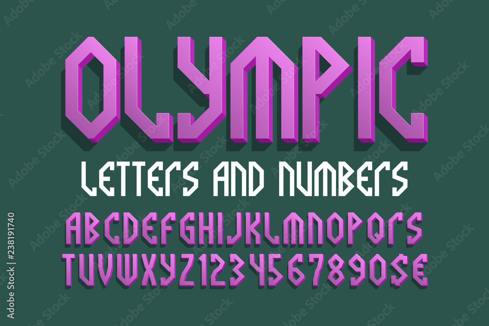 Olympic letters and numbers with currency signs. Purple stylish 3d font ...