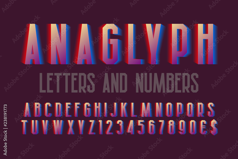 Anaglyph letters and numbers with currency signs. Urban vibrant font ...