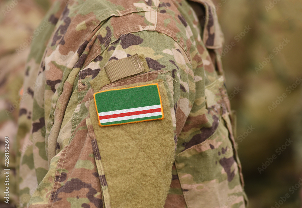 Flag of Chechen Republic of Ichkeria on military uniforms (collage ...