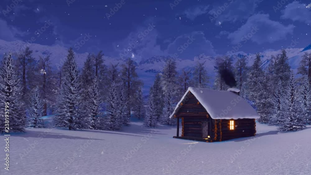 Cozy snowbound log cabin with smoking chimney and lighted window among ...