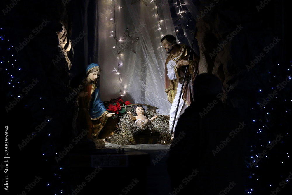 Christmas Nativity scene in the church, virgin Mary and Saint Joseph ...