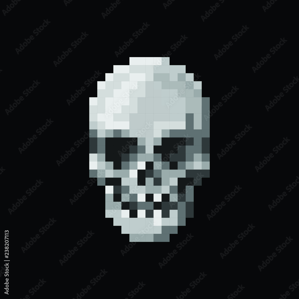 Pixel skull logo vector illustration on black background. Game old ...