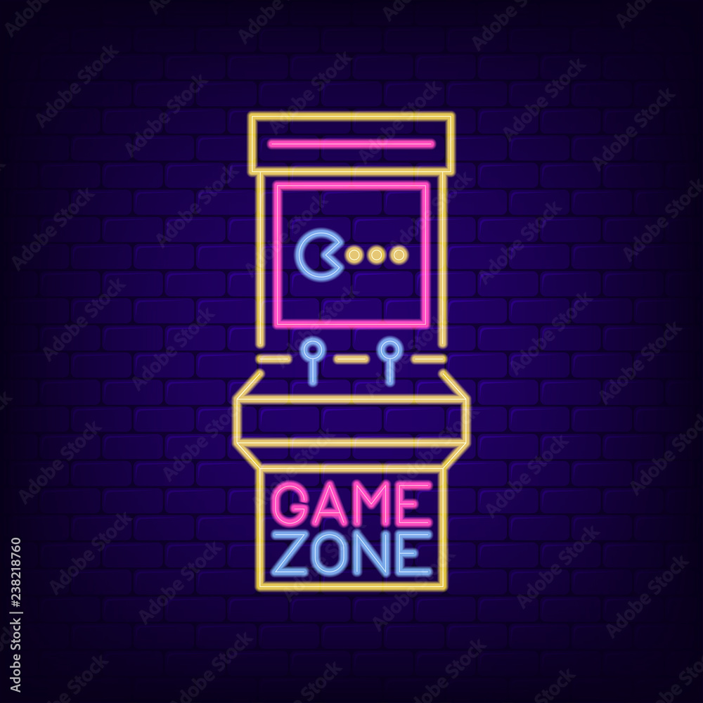 Neon sign of retro slot machine. Game Zone signboard with night light ...