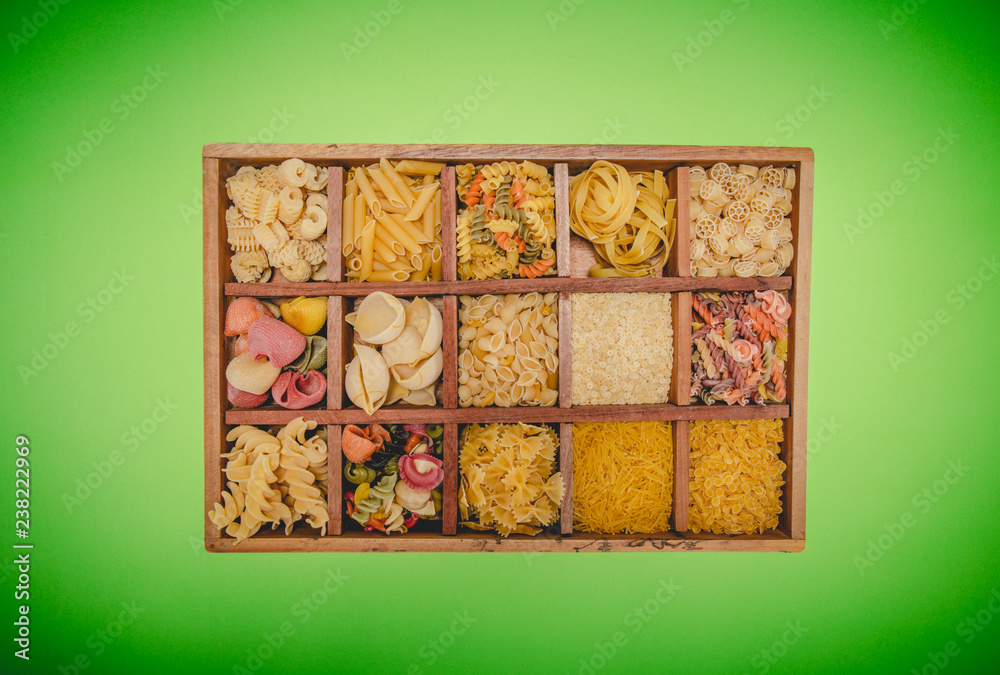 Box with different uncooked pasta, top view. Stodio photo shooting ...