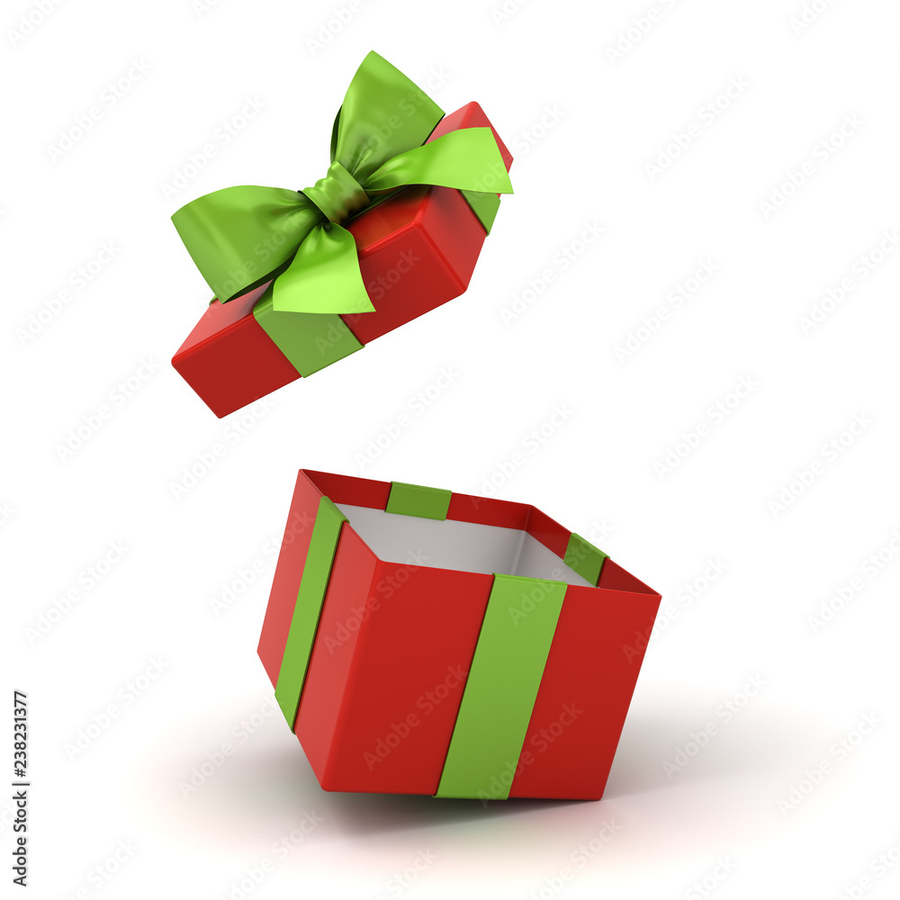 Open red gift box or blank present box with shiny green ribbon bow ...
