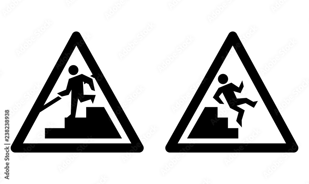 Watch your step sign, vector stick figure and stairs icon. Black and ...