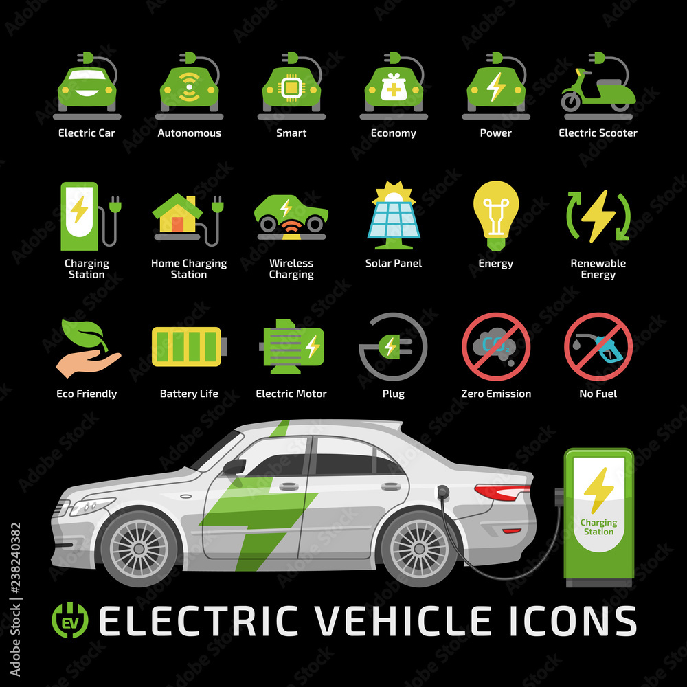 Vector electric eco car color icon set with sedan vehicle mockup and ...