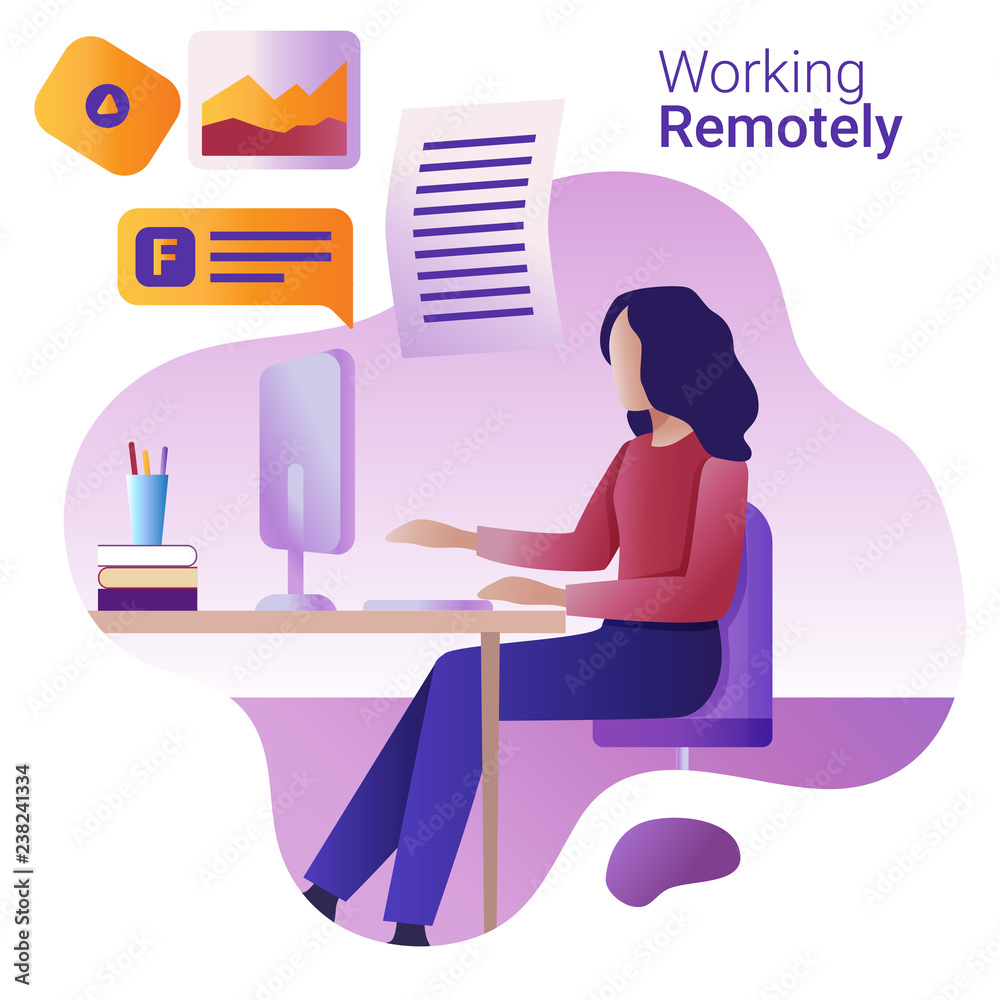 Work remotely concept. The Flat vector illustration for a banner. The ...