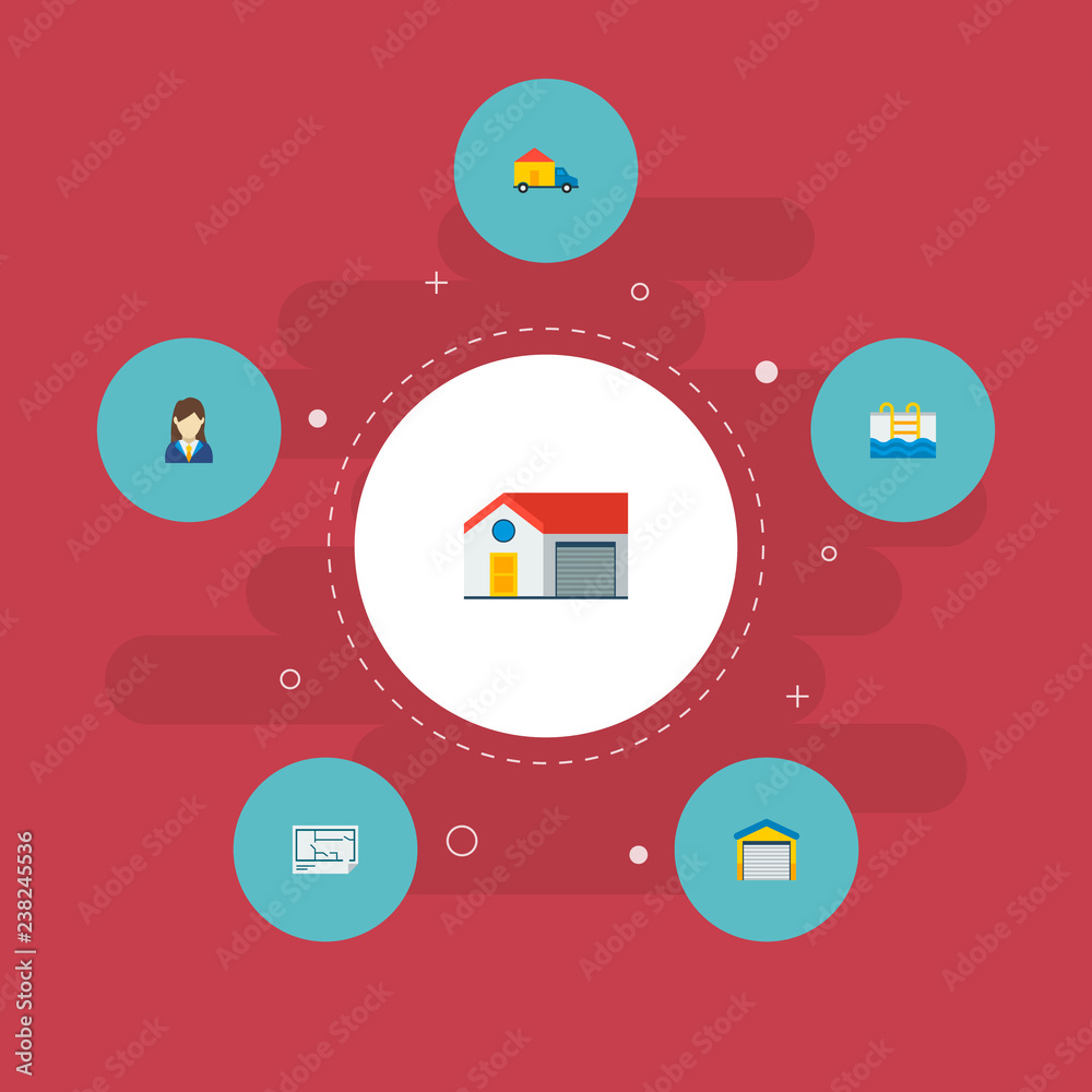 Set of property icons flat style symbols with broker, house, delivery ...
