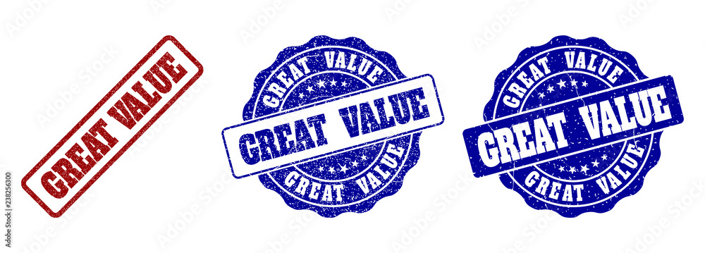 GREAT VALUE scratched stamp seals in red and blue colors. Vector GREAT ...