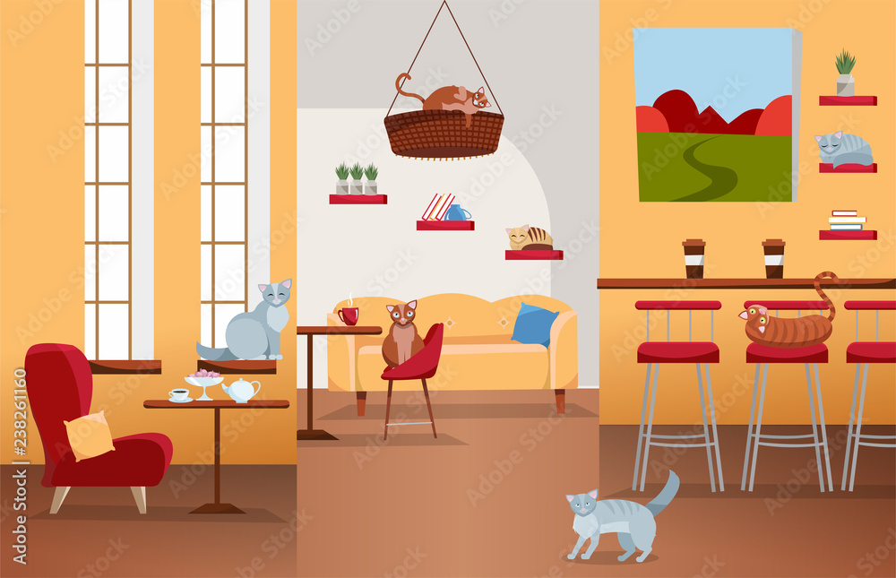 Interior of cat cafe with large windows, comfortable red chair, tables ...
