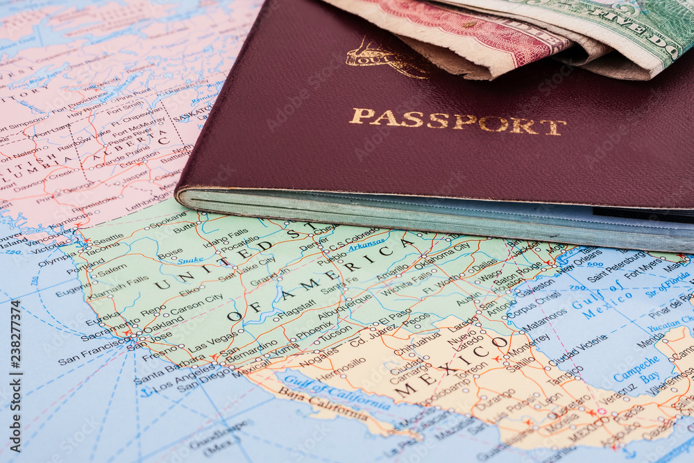 Immigration passport on a map showing the border between the United ...