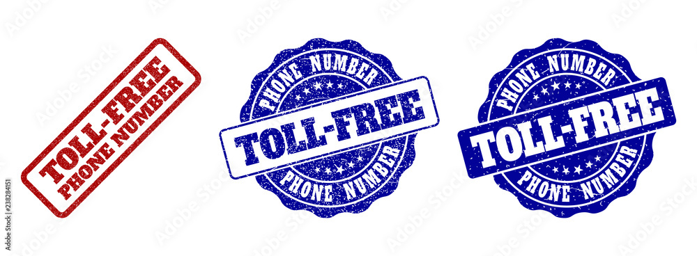 TOLL-FREE PHONE NUMBER grunge stamp seals in red and blue colors ...