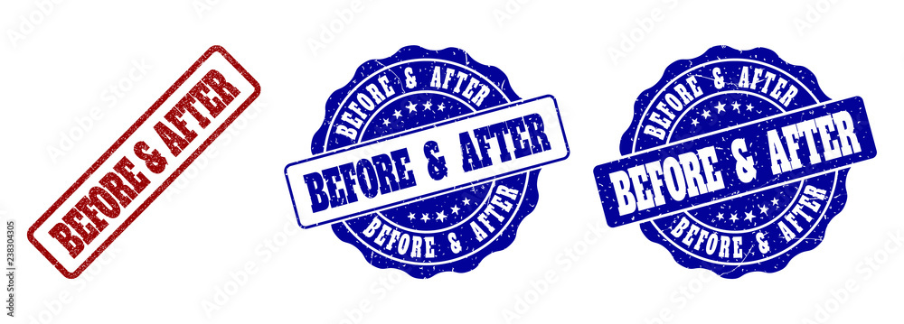 BEFORE & AFTER scratched stamp seals in red and blue colors. Vector ...