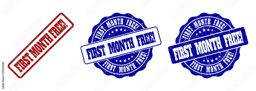 FIRST MONTH FREE! grunge stamp seals in red and blue colors. Vector ...