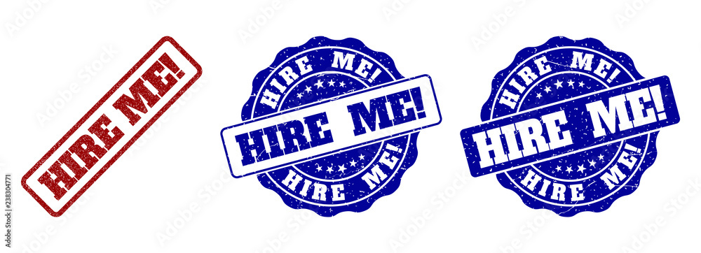 HIRE ME! grunge stamp seals in red and blue colors. Vector HIRE ME ...