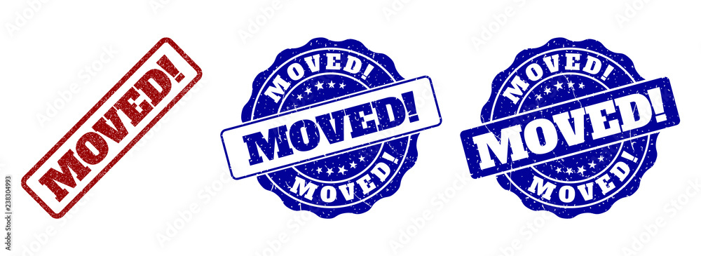 MOVED! grunge stamp seals in red and blue colors. Vector MOVED! labels ...