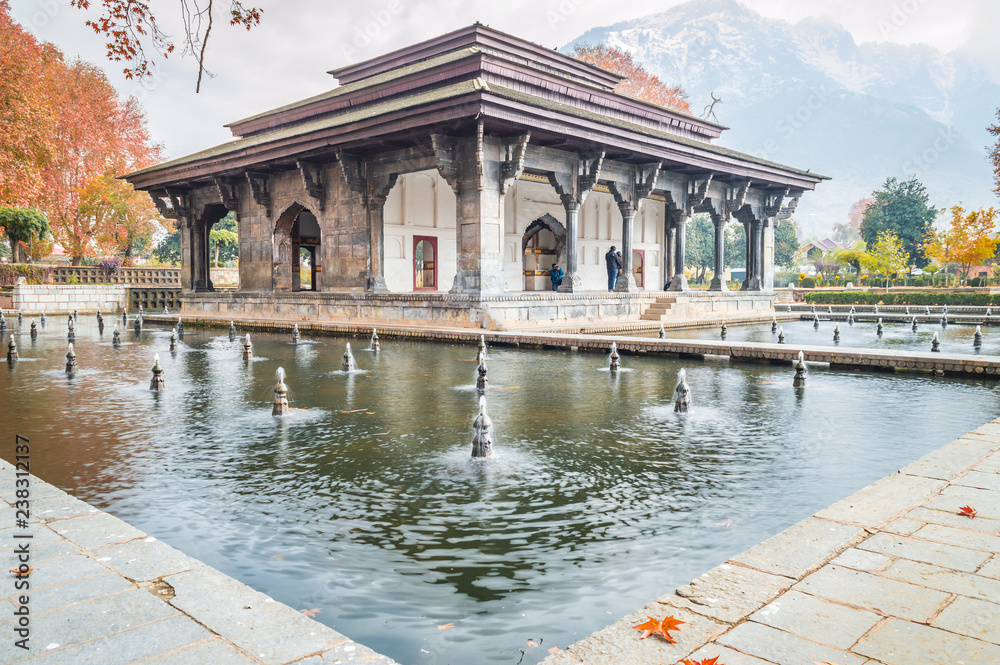 Oblique view of Mughal Heritage Building with reflection in the pool ...