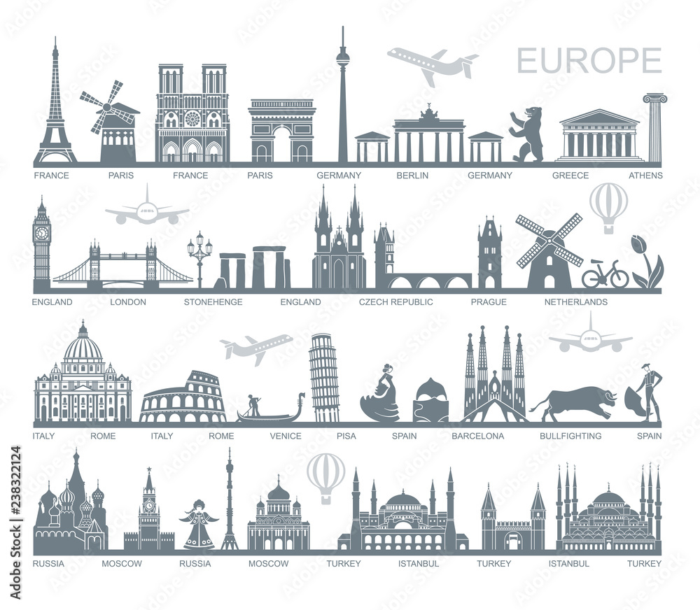 Collection of Europe detailed silhouettes. Set Travel Landmarks. vector ...