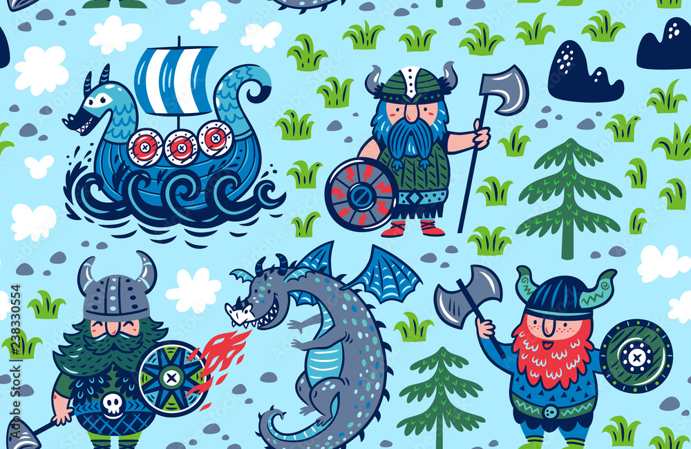 Seamless pattern with vikings, ship and dragon in cartoon style. Vector ...