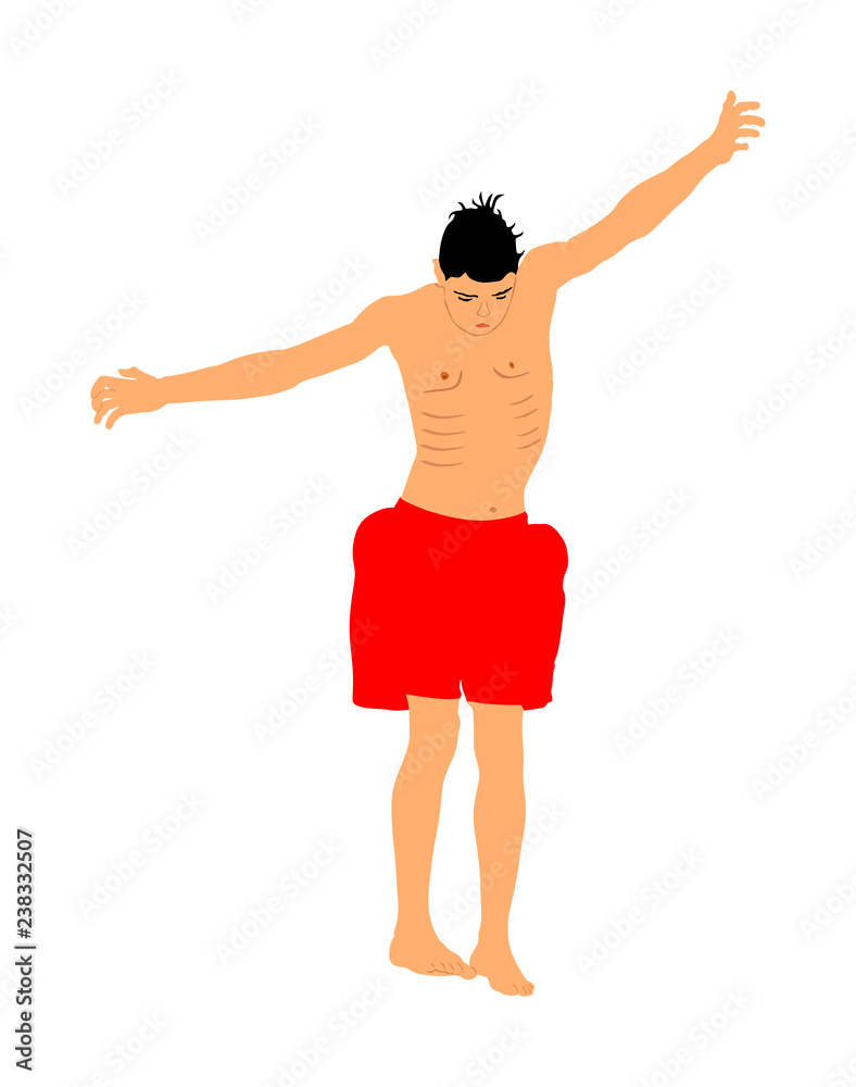 Young boy jumping in water. Man having fun in swimming pool. Cliff ...