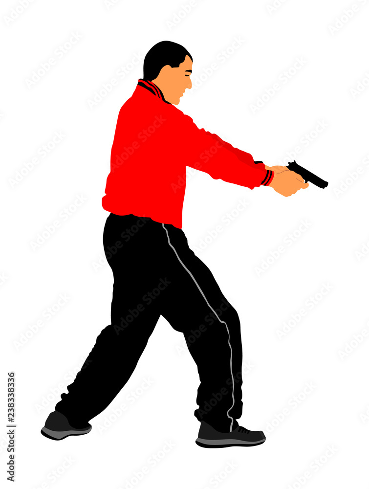 Public crime scene, gunfight battle. Man with gun shooting vector ...