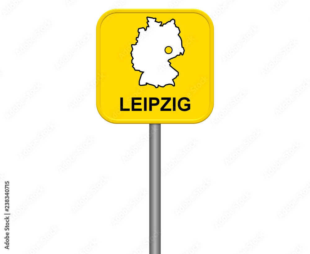 Gelbes Leipzig Straßenschild oder Ortsschild mit Karte Stock ...
