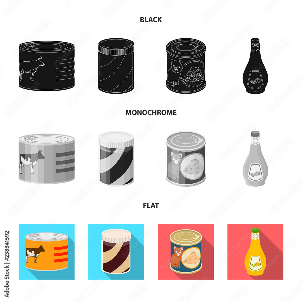Vector illustration of can and food logo. Set of can and package stock ...