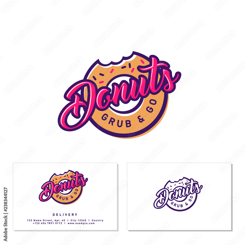 Donuts shop logo. Cafe or bakery emblem. Bitten Donut with lettering ...