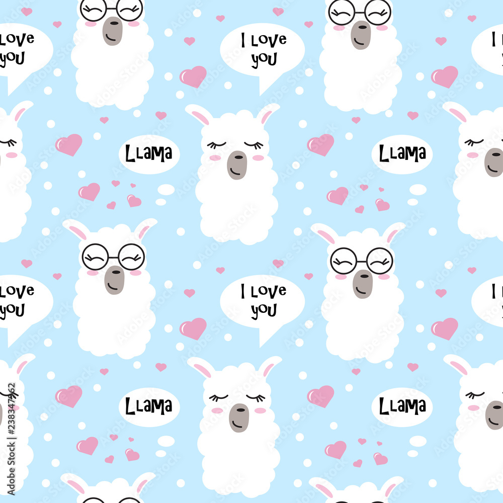 Seamless pattern with hearts and lama faces. Cute llama head drawings ...