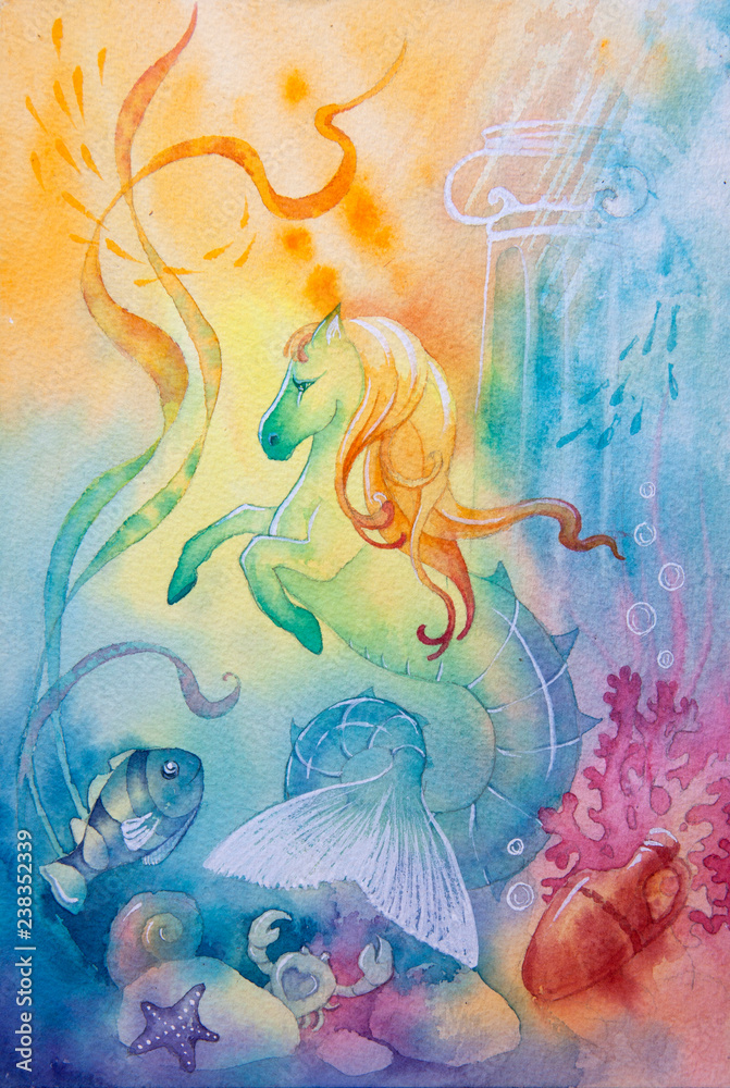 Underwater marine world. Mythical creatures, seahorse, algae, corals ...