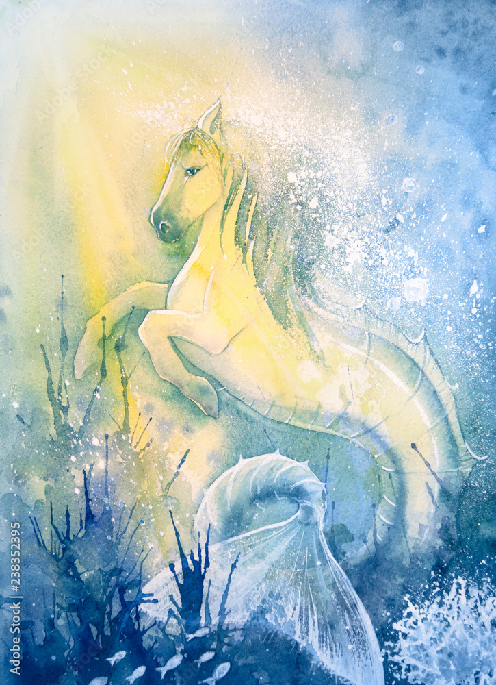 Underwater marine world. Mythical creatures, seahorse, algae, corals ...