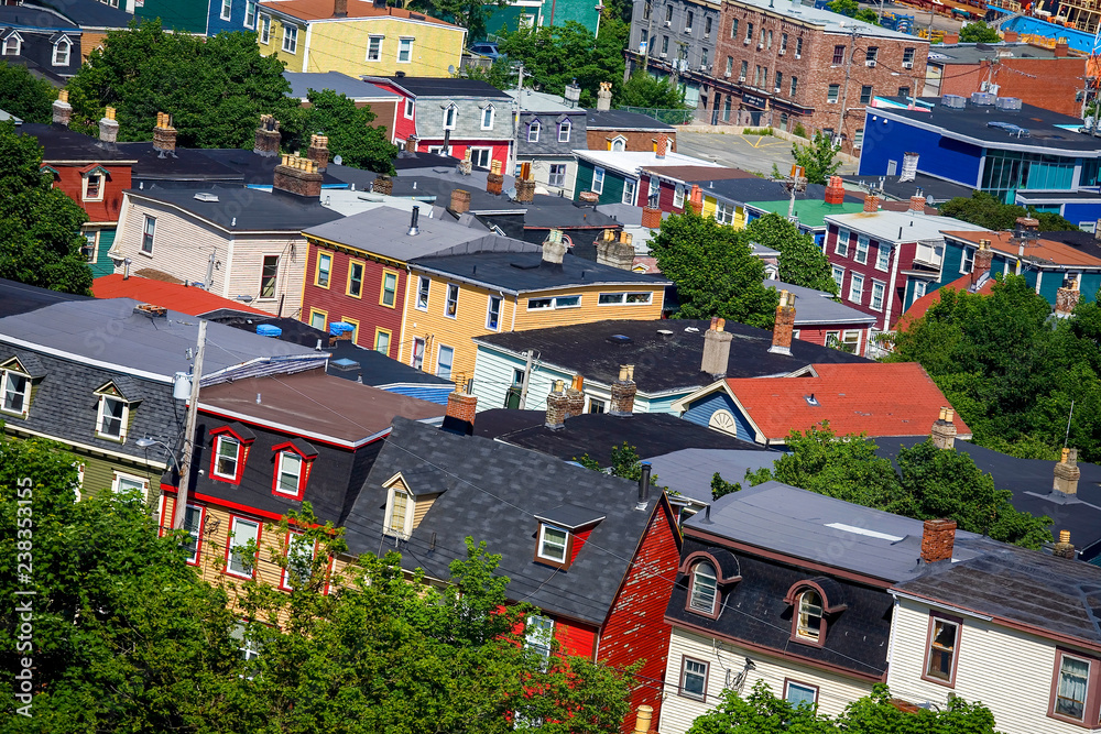 Overhead view of historic homes in St. John's, Newfoundland, Canada ...